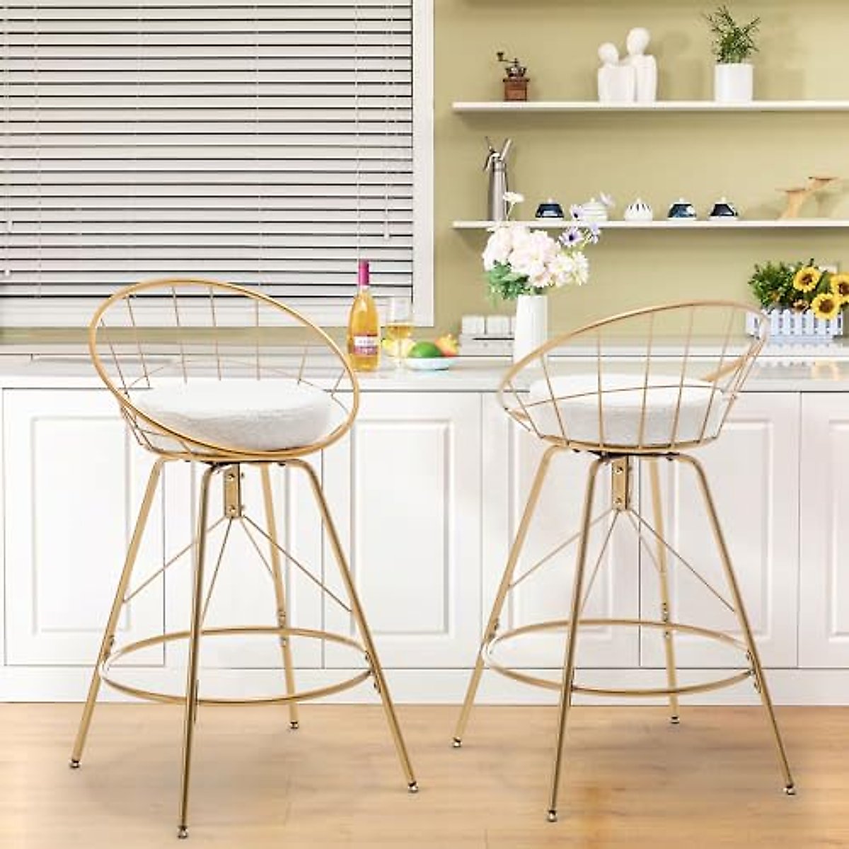 Aklaus 26" Sherpa Boucle Bar Stools Set of 2 Swivel Counter Height Bar Stools with Round Seat,Gold Bar Stools with Backs,Modern Teddy White Barstools,Kitchen Island Dining Bar Stools Chairs