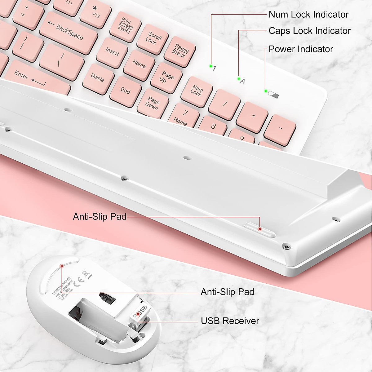 Wireless Keyboard and Mouse Combo with 7 Colored Backlits, Wrist Rest, Rechargeable Ergonomic Keyboard with Phone Holder, Silent Lighted Full Size Combo for Window, Mac, PC, Laptop-Trueque (Pink)