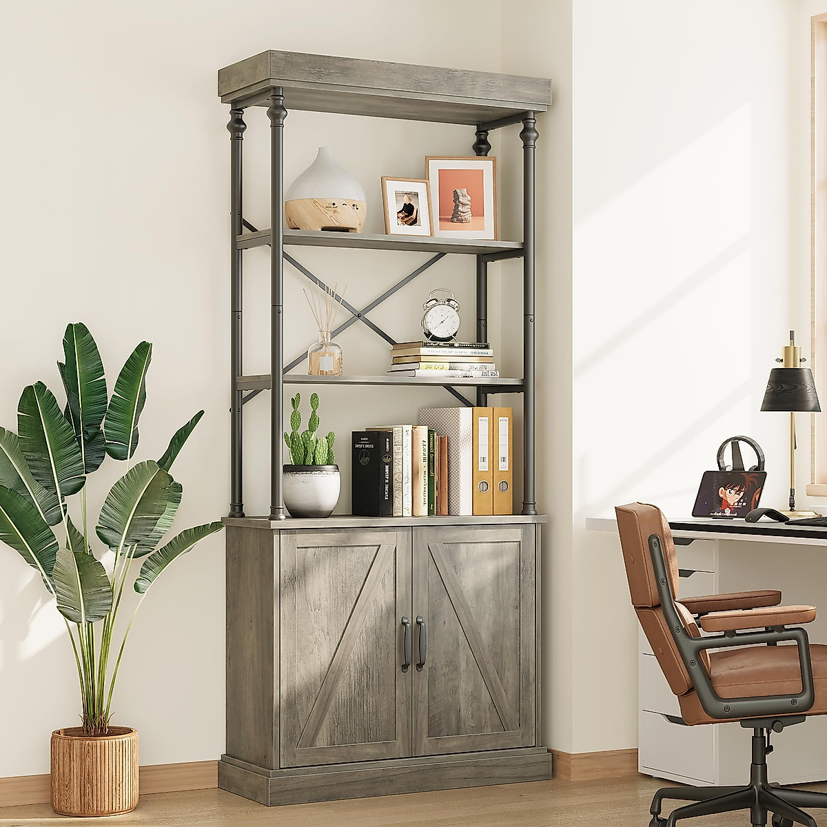 IDEALHOUSE Tall Bookshelf with Doors 73.62in Industrial Storage Open Rack Shelf with Cabinet Wood and Metal Bookcase Farmhouse Bookshelves Large Vintage Display Rack Home Office
