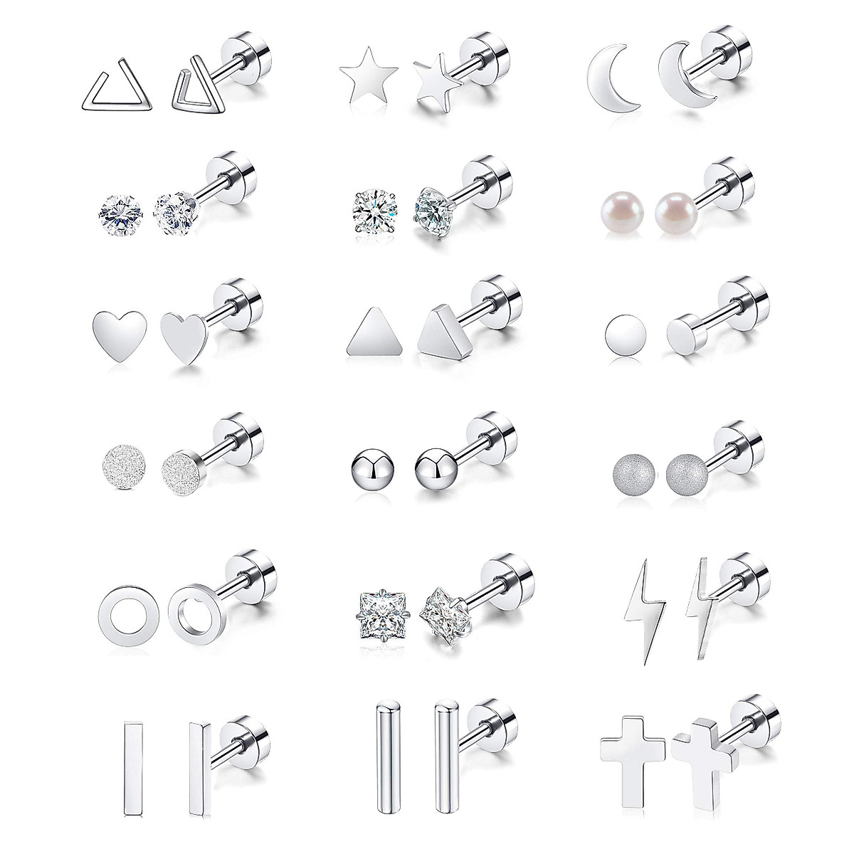Flat Back Earrings Hypoallergenic,18 Pairs Stainless Steel Flat Back Stud Earrings for Women Men 20G Star Moon Heart Disc Ball CZ Cartilage Earrings Screw Back Flatback Earrings for Sensitive Ears