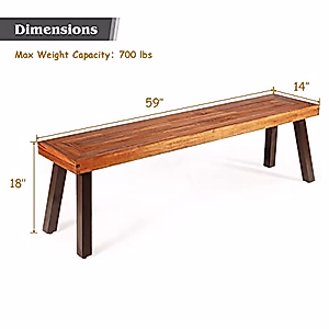 Tangkula Outdoor Acacia Wood Bench, Patio Dining Bench Picnic Bench with Steel Legs, Wooden Bench for Porch Garden Poolside Living Room Balcony, Ideal for Indoor & Outdoor Use (1, Teak)