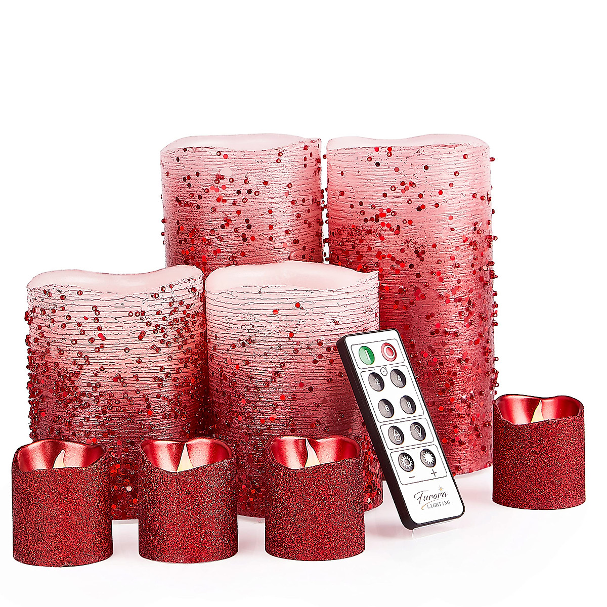 Furora LIGHTING Red Glitter Real Wax LED Candles with Remote and Timer, 4 Pillars and 4 Votives Pack of 8, Flameless Flickering Candles for Home Décor, Battery Included