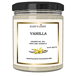 Vanilla Essential Oil Candle | Aromatherapy for The Home | 9 Oz Glass Jar | All-Natural Soy Candles | Cotton Wick | High Scent | 40 Hours Burn Time | Gift for Women & Men (Vanilla)