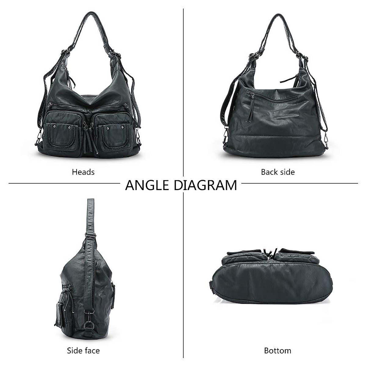 handbags & shoulder bags for woman super soft washed PU leather hobo bags multiple use woman's cross body bag backpack (Green)