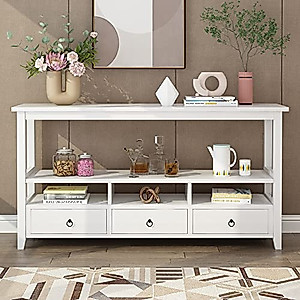 Karl home Console Table with 3 Bottom Drawers, Sofa Side Table Entryway Desk with 3 Storage Cubbies 1 Open Shelf, Vintage TV Stand for Hallway Living Room Office, White 29.9" H