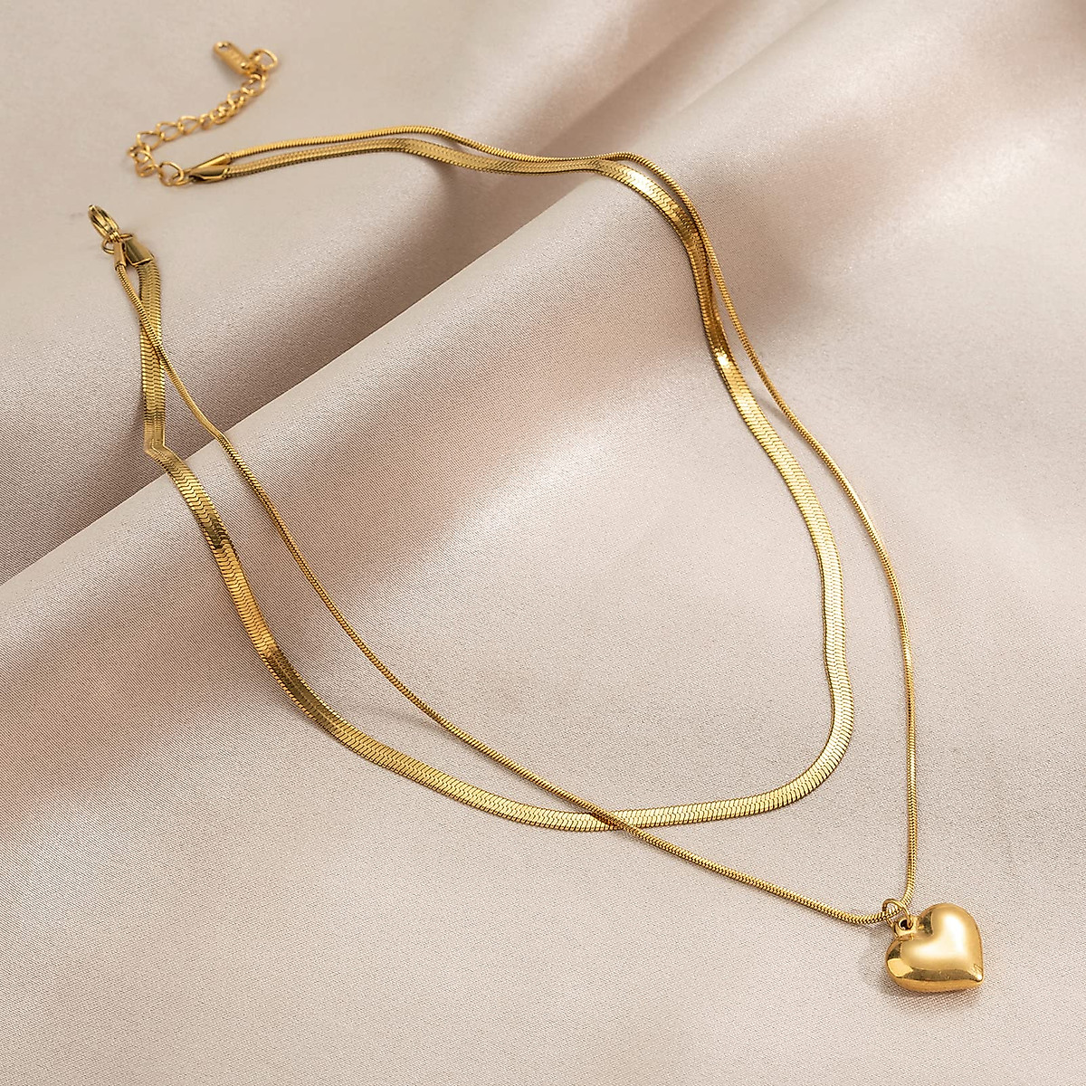 TRWWELL Trendy 18k Gold Plated Layered Necklace Dainty Herringbone Necklace Heart Pendant Gold Chain Choker Layering Necklace Jewelry Gifts for Women Girls