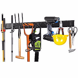 Garage Tool Organizer Wall Mount, 11 PCS Garden Tool Rack Garage Storage, 8 Heavy Duty Adjustable Hooks Steel and 3 Rails Aluminum, 450 LBS Max Load