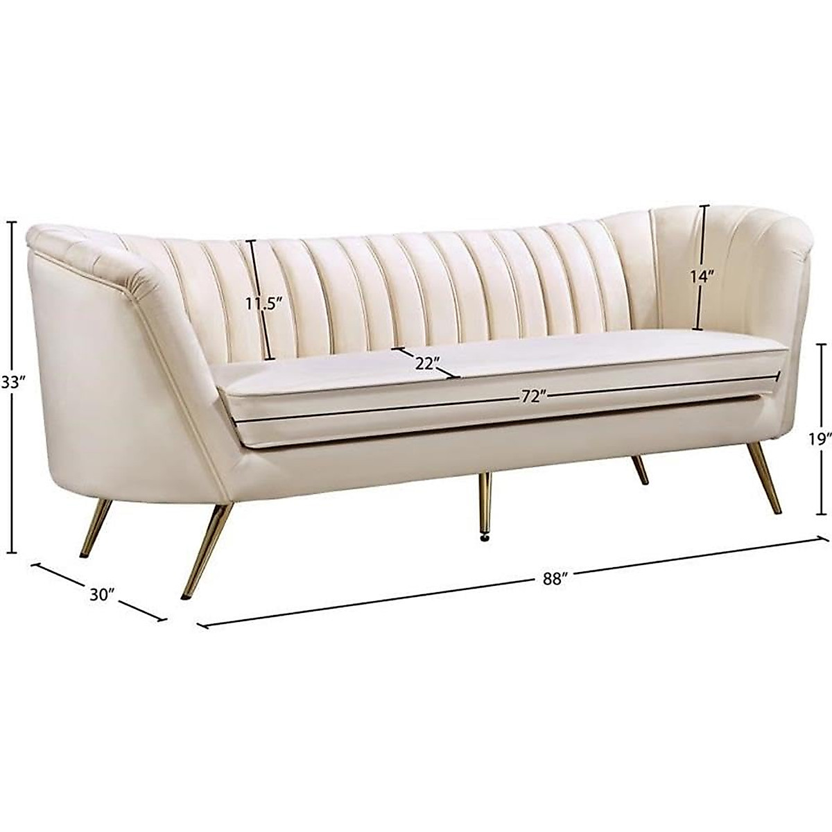 Meridian Furniture Margo Collection Modern | Contemporary Velvet Upholstered Sofa with Deep Channel Tufting and Rich Gold Stainless Steel Legs, Cream, 88" W x 30" D x 33" H