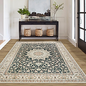 Washable Rug Living Room Rugs: 8x10 Area rugs Large Machine Washable Non Slip Carpet Soft Floral luxury Thin Carpets for Dining Room Farmhouse Bedroom Nursery Home Office Dark Blue Beige