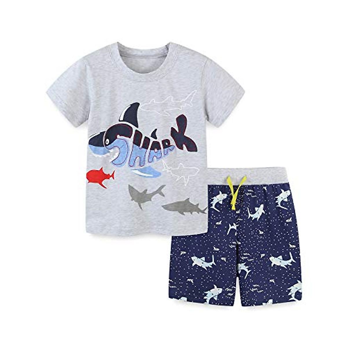Toddler Boys Short Sets Summer Outfits Cotton Casual Crewneck Grey Fish Short Tee Shirt Knite Shorts Beach Clothes Sets 2T