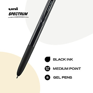 Uniball Signo Spectrum Retractable Gel Pen, 5 Black Pens, 0.7mm Medium Point Gel Pens| Office Supplies, Ink Pens, Colored Pens, Fine Point, Smooth Writing Pens, Ballpoint Pens