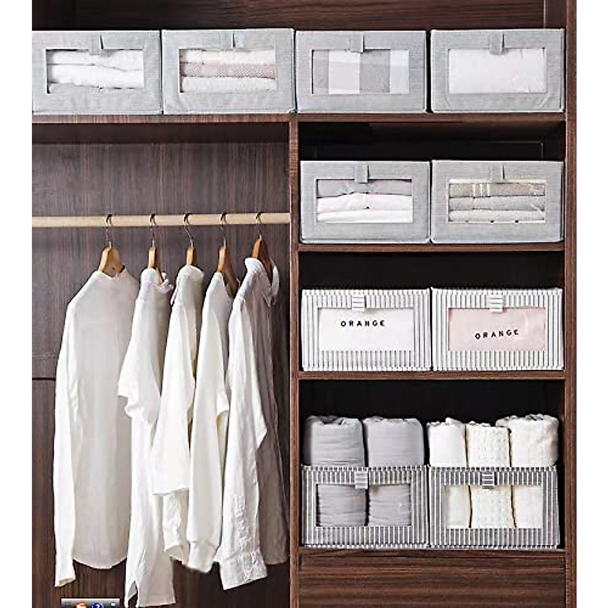 2 Pack Open Storage Bins, Washable & Visible Closet Clothing Organizer with Window. Foldable Fabric Baskets for Clothes, Towel, DVD, Book (Large White stripe)