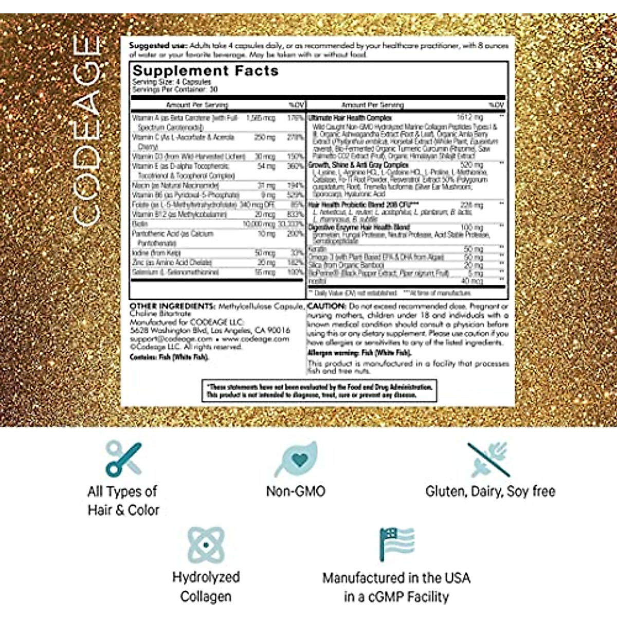 Codeage Hair Vitamins 10000 mcg Biotin, Keratin, Collagen, Vitamin A, B12, C, D3, E, Zinc, Inositol - Hair Care Support for Strength, Thickness Growth - Healthy Hair Supplement Pills - 120 Capsules