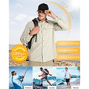 33,000ft Men's Long Sleeve Sun Protection Shirt UPF 50+ UV Quick Dry Cooling Fishing Shirts for Travel Safari Camping Hiking Khaki