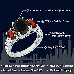 Gem Stone King 925 Sterling Silver Black Onyx and Red Garnet 3 Stone Ring For Women (2.73 Cttw, Gemstone Birthstone, Available In Size 5, 6, 7, 8, 9)