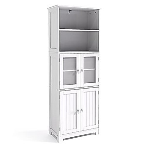 VINGLI 64" Tall Storage Cabinet Bathroom Linen Closet Storage Tower White Organizer Home Decor with 2 Open Shelves 2 Cabinets Glass Doors for Kitchen Living Room Bedroom Laundry Room Entryway Office