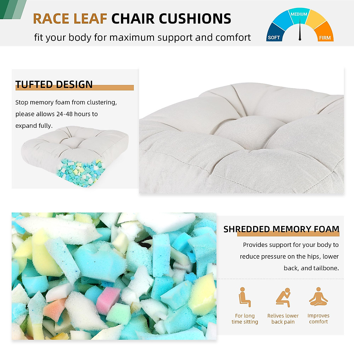 RACE LEAF 19" x 19" Patio Chair Cushions Beige - Outdoor/Indoor Tufted Memory Foam Chair Pads Set of 2, Water-Resistant Olefin Chair Seat Cushion Non-Slip Backing