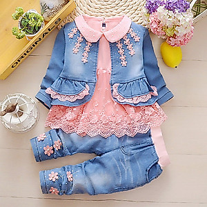 6m-4Years Babygirls and Infant Girls Jean Jackets Floret and Dress T-Shirts with Jeans Clothing Sets(6-12,Orange)