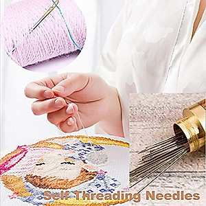 self Threading Needles, Needle Threader with Needle case Carving Pattern Golden 12 Pack