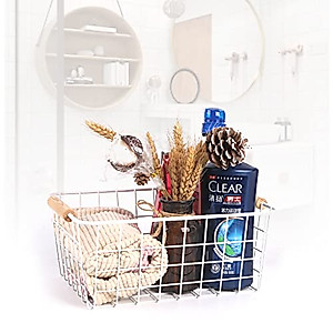 Fvstar 3pcs Wire White Baskets with Wooden Handles,Metal Storage Organizer Bins,Household Refrigerator Basket for Cabinets,Pantry,Shelf,Countertop,Closets,Bedrooms,kitchen