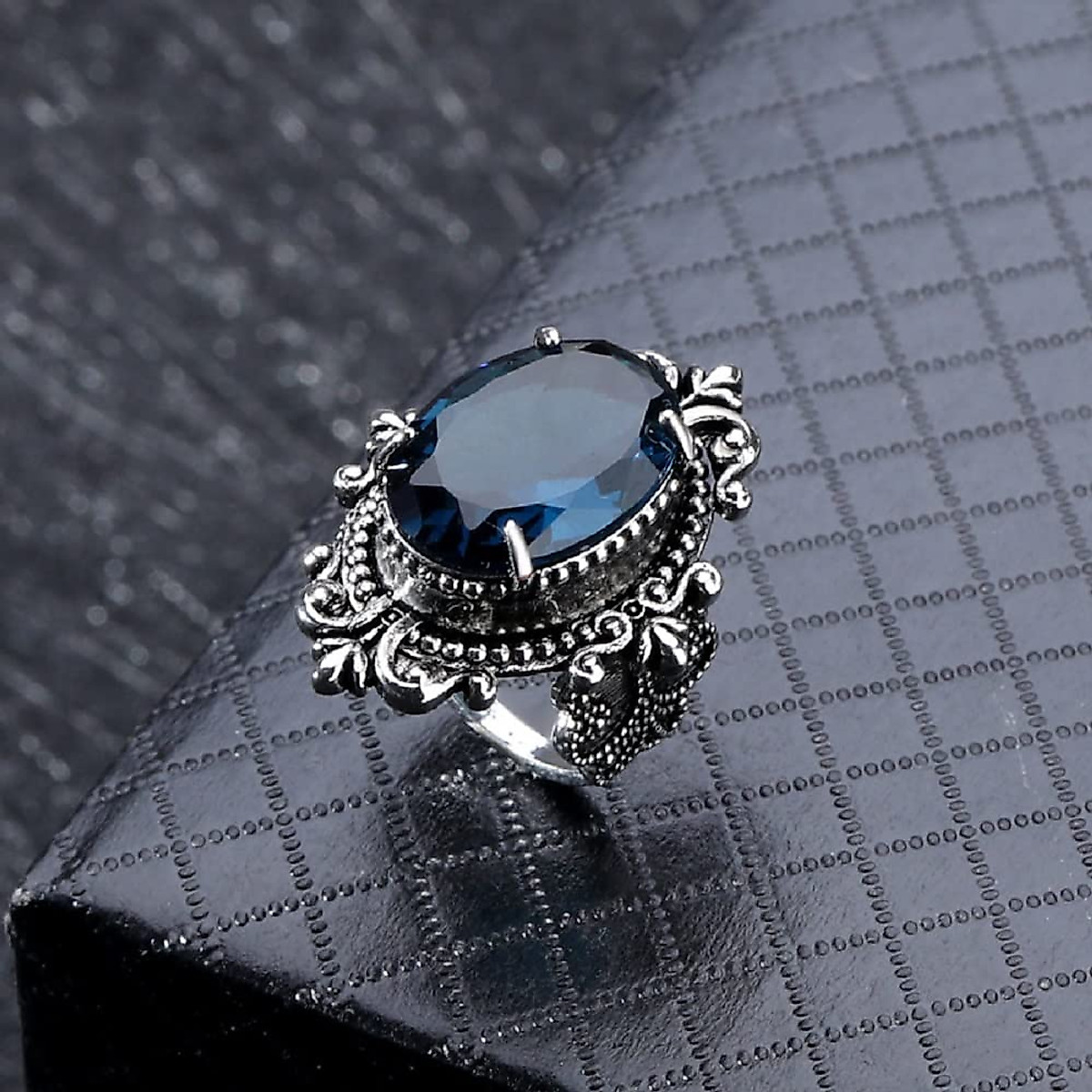COSJOOHY Vintage Ring 925 Sterling Silver Oval Cushion Cut Gemstone Dark Blue Topaz Ring Statement Ring Navy Gemstone Ring Women Jewelry Elegant Wedding Ring (10)