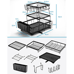 3 Tier Dish Drainer Rack for Kitchen Counter, Large Capacity Dish Drying Rack with 360° Rotating Drainboard, Dish Drainers for Kitchen Sink, Countertop Large Detachable Stainless Steel Dish Rack