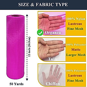 Fuchsia Organza Tulle Fabric Rolls, Crystal Organza 12" by 50 Yards (150 ft) Sheer Nylon Silky Shiny Netting Spool Bolt for DIY Craft Table Runner Wedding Baby Shower Party Decor (Fuchsia)