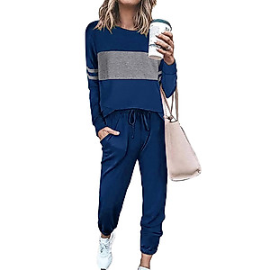 PRETTYGARDEN Women's Color Block 2 Piece Tracksuit Crewneck Long Sleeve Tops Long Sweatpants Outfits Lounge Sets(Bright Blue,Medium)
