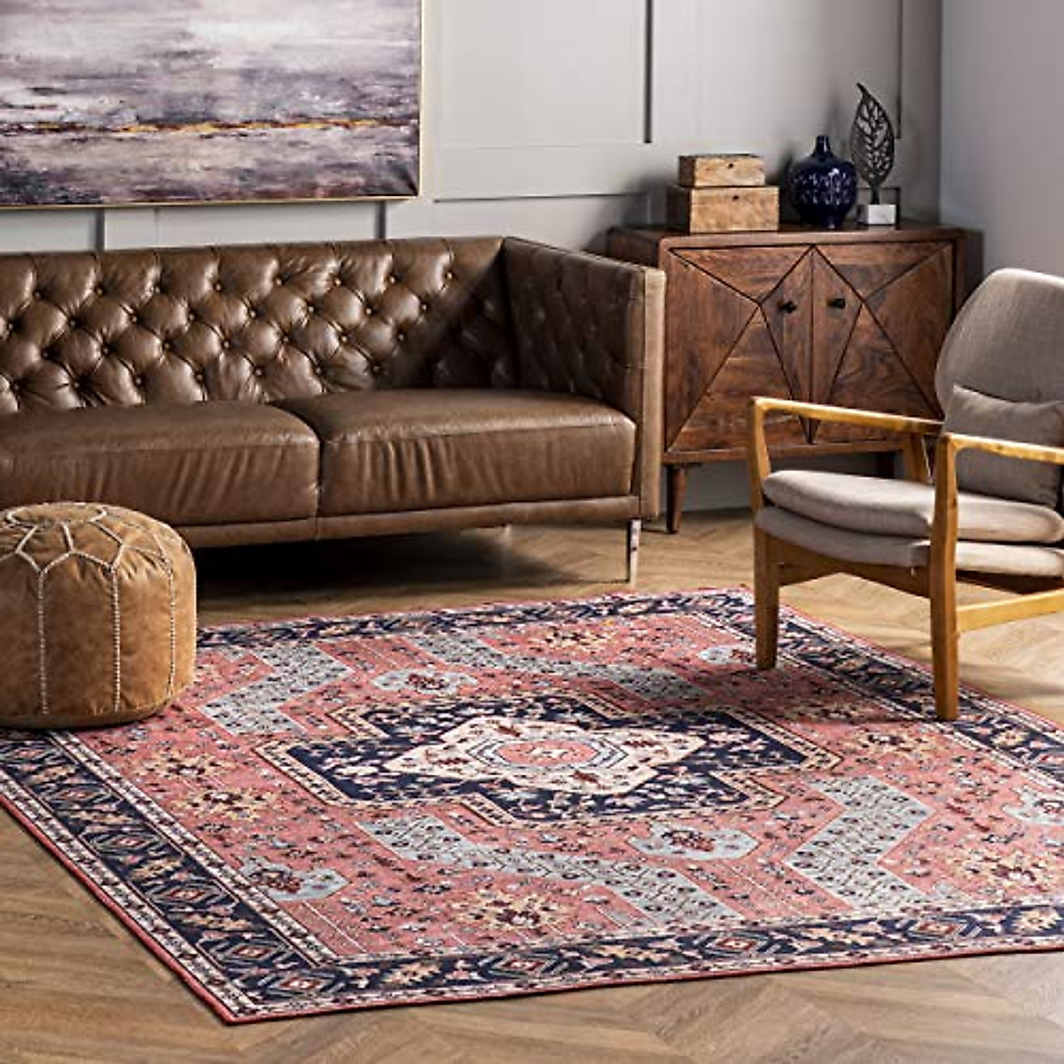 nuLOOM Amber Machine Washable Floral Aztec Area Rug, 4' x 6', Rust