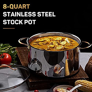 Ciwete 8 Quart Stock Pot, 18/10 Tri-Ply Stainless Steel Whole Clad Stock Pot with Lid, Integrated Process, 8 QT Soup Pot with Copper Handle, Induction Stockpot, Oven, Gas, Dishwasher Safe