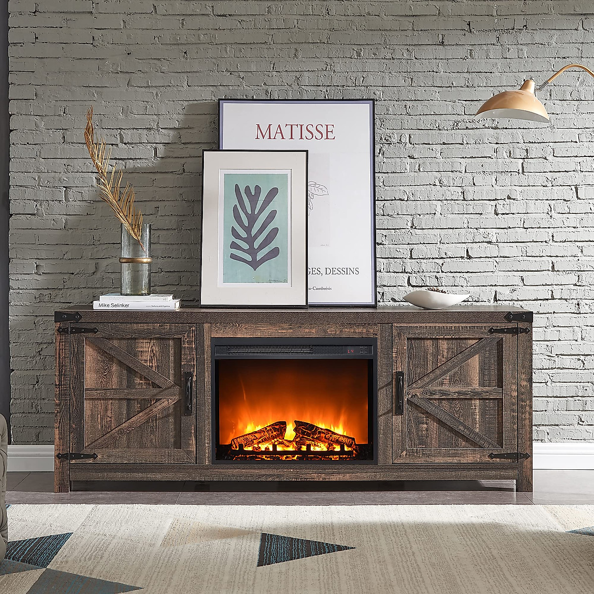 T4TREAM Fireplace TV Stand for 75 Inch TV, Farmhouse Barn Door Media Console, Entertainment Center with 23" Electric Fireplace Remote Control, for Living Room, 66 Inch, Dark Rustic Oak