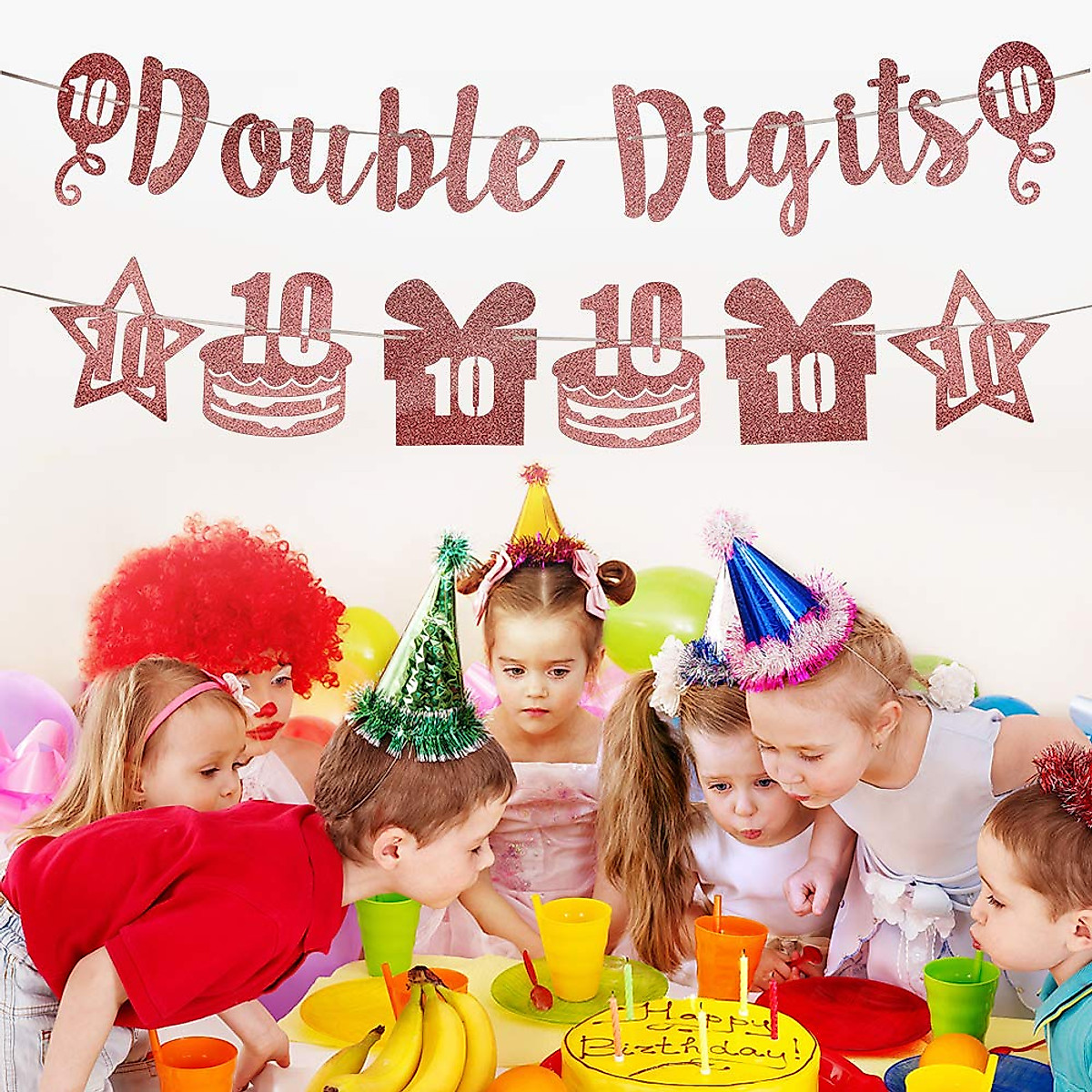 Excelloon Double Digits 10th Birthday Banner Decorations for Girl, Rose Gold Glitter 10 Year Old Happy Birthday Party Supplies, Perfect for Ten Years Birthday Party Decoration Sign