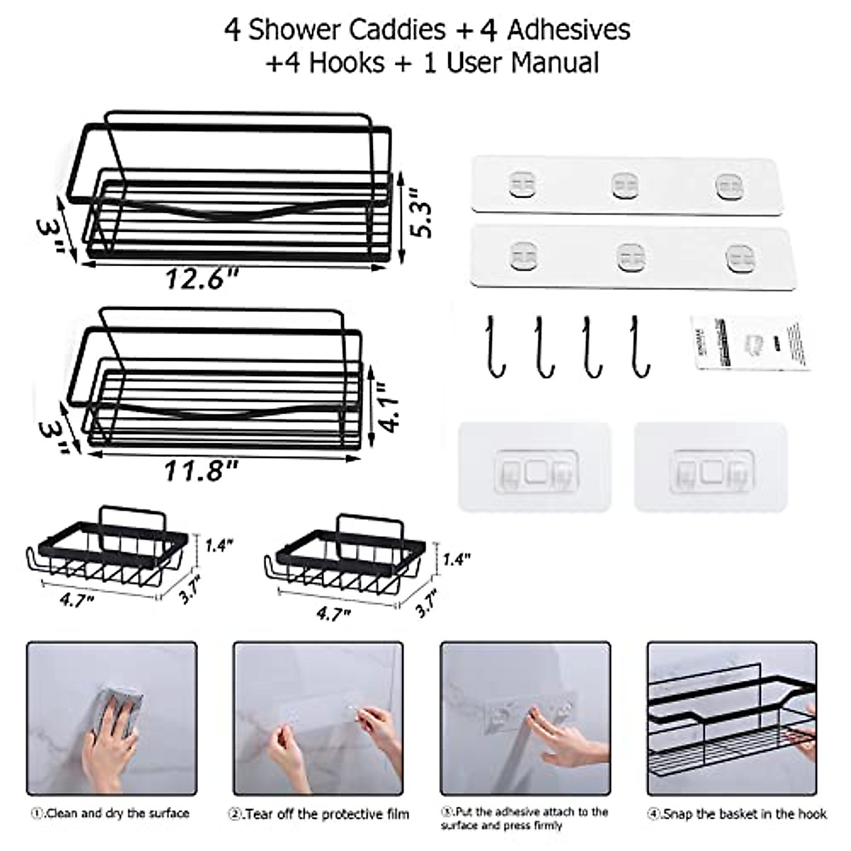 KJMWT Shower Caddy,4 Pack Shower Organizer with No Drilling Wall Mounted,Rustproof Shower Shelves with 4 Hooks,Shower Shelf for Bathroom and Kitchen,Matte Black