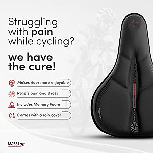 WITTKOP Bike Seat Cushion Made of Comfy Memory Foam I Bike seat Cover for Men & Women with Ergonomic 3-Zone-Concept I Bike Saddle Cover, for peleton seat cushin, Bicycle seat Cushion