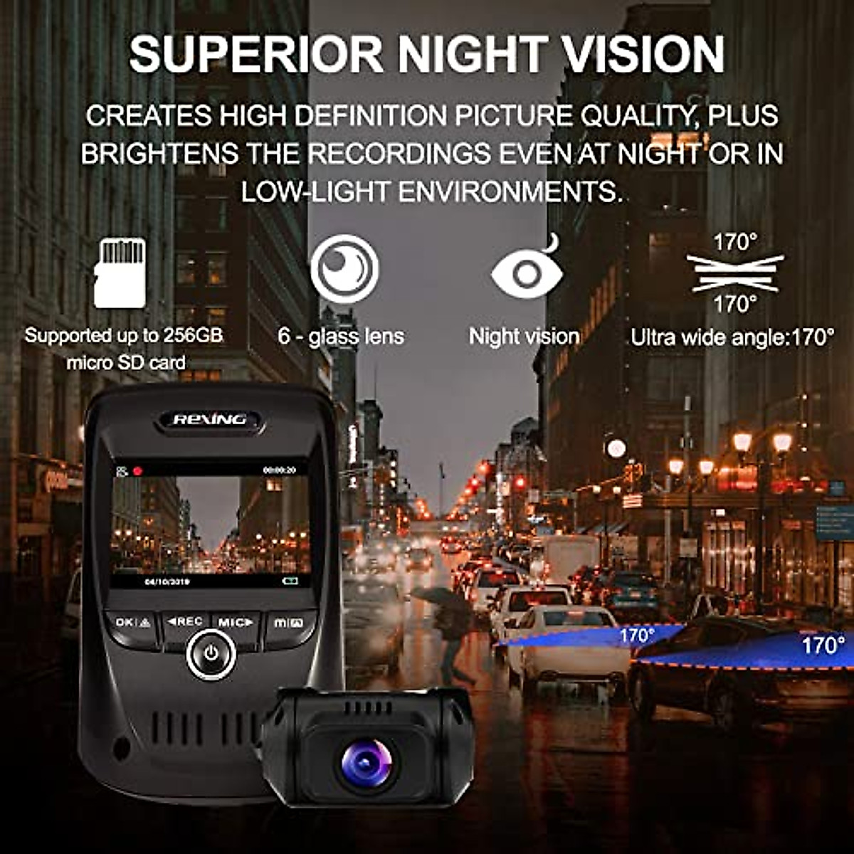 REXING V1P MAX 4K UHD Dual Channel Dash CAM, 3840X2160 Front+1080p Rear, WiFi GPS Car Dash Camera w/Night Vision, Supercapacitor,170 Degree Wide Angle, Loop Recording, G-Sensor, Parking Monitor