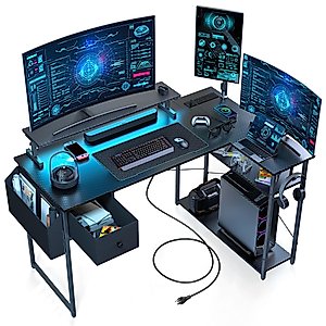 DOMICON Gaming Desk, 47 inch L Shaped Gaming Desk, Computer Desk with LED Lights & Adjustable Stand, Power Outlets, Storage Drawer, Reversible Gaming Desk with Shelves, Hook, Black Carbon Fiber