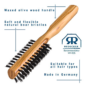 REDECKER Wild Boar Bristle Half Round Hairbrush with Waxed Olive Wood Handle, 8-1/2-Inches - Natural Boar Bristle Hair Brush Half Round - Imported Half Rounded Hair Brush - Half Round Hair Brush