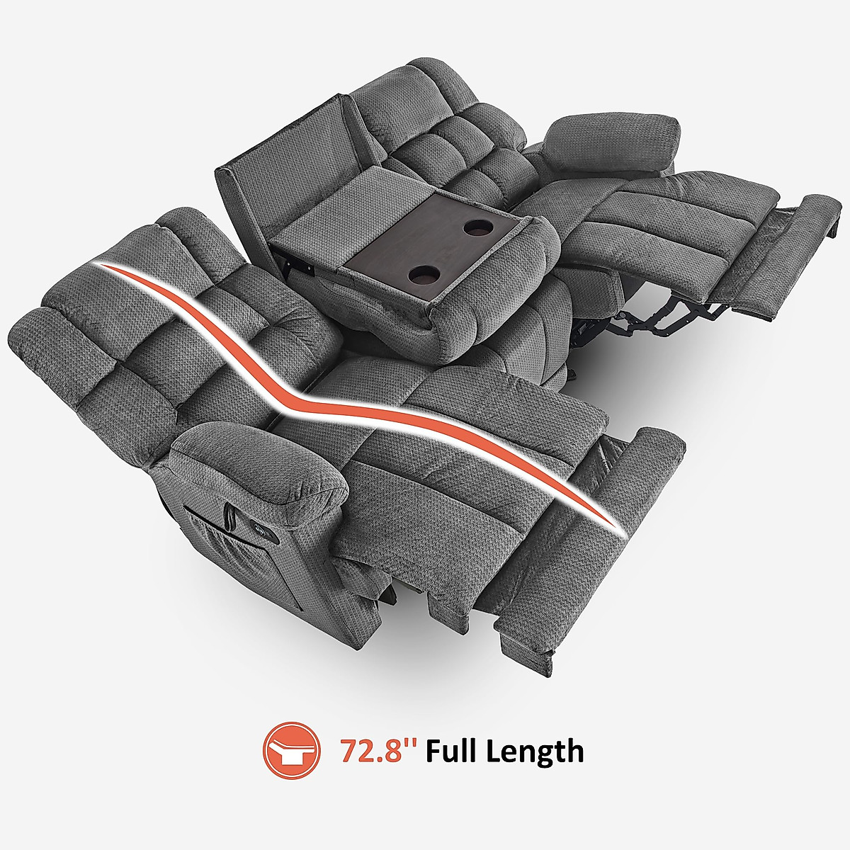 MCombo Power Reclining Sofa with Drop Down Table, Heat and Vibration, USB Ports, 3 Seat Dual Recliner Couch for Living Room RS6236 (Grey)