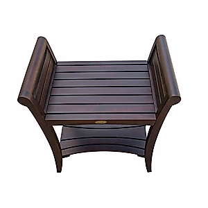 DecoTeak Symmetry Teak Shower Bench 24" Long Extended Height Wood Shower Stool with Shelf and LiftAide Arms Shower Bench in Woodland Brown Finish