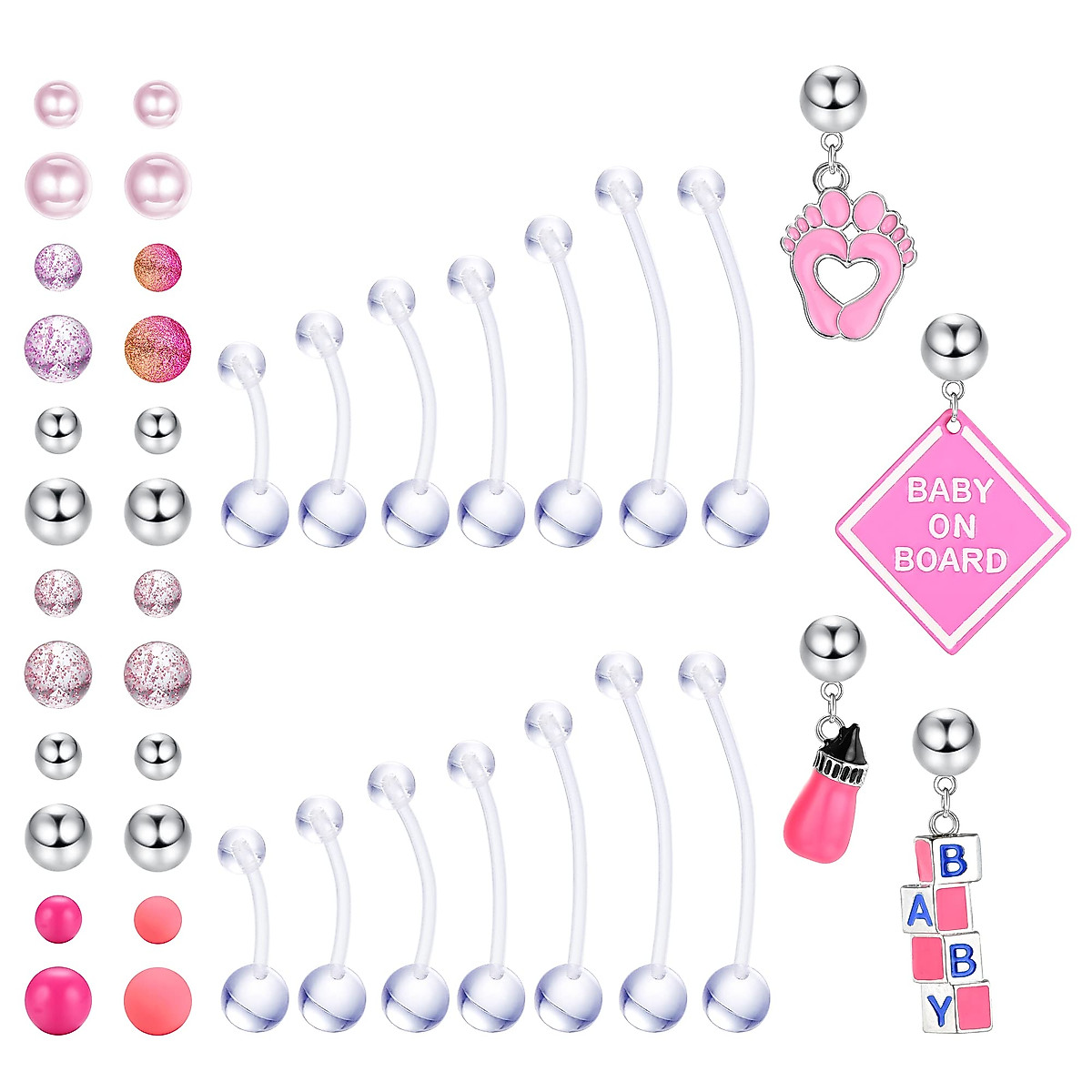 Sanfenly Plastic Pregnancy Belly Button Rings Long Bar Navel Rings Flexible Clear Acrylic Bioplast Sport Maternity Belly Navel Ring Retainer Belly Piercing Jewelry 14G 14/16/18/32/35/38mm