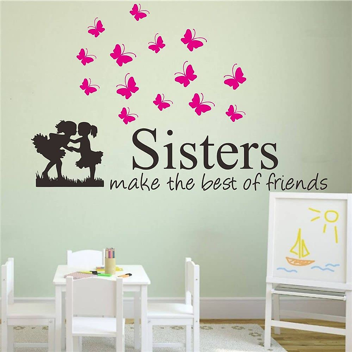 ANFRJJI Sisters Make The Best Friends Wall Decal with Butterfly Art for Girls Room - Removable PVC Vinyl Sticker - Effect 39x24 inch - Sisterhood Quote JWH174 (Black+Blush Butterfly)