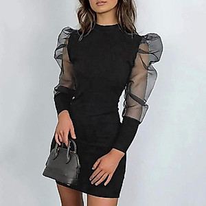 Shakumy Women Puff Mesh Long Sleeve Round Neck Bodycon Pencil Party Mini Dress Casual Elegant Cocktail Club Short Dress