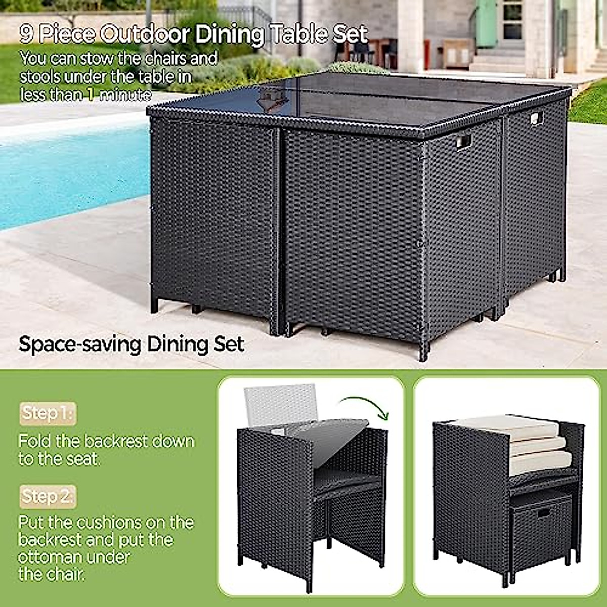 Yaheetech 9-Piece Patio Dining Sets Outdoor Space Saving Rattan Chairs with Glass Table, Wicker Patio Furniture Sets Outdoor Sectional Conversation Set with Removeable Cushions, Black