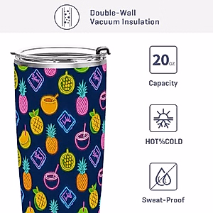 sanluoli Summer Neon Coconut fruit Pineapple Stainless Steel coffee cups with lids with Straw Lid coffee travel mug for gym portable insulated tumbler 20 OZ