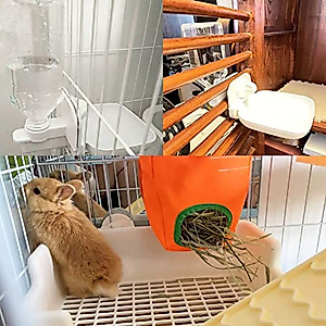 Rabbit Hay Feeder Bag Guinea Pig Food Fabric Bag Hanging Feeding Sack Storage Hay Dispenser with Pet Water Bowl for Rabbit Guinea Pig Chinchilla Hamster