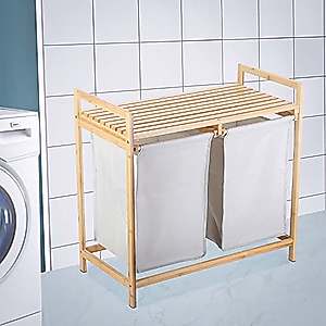 lesolar Bamboo Laundry Hamper and Shelf, 2 Sections Laundry Basket with Removable Liner and Sliding Handles, Dual Compartments Laundry Organizer and Storage for Bathroom Bedroom Living Room