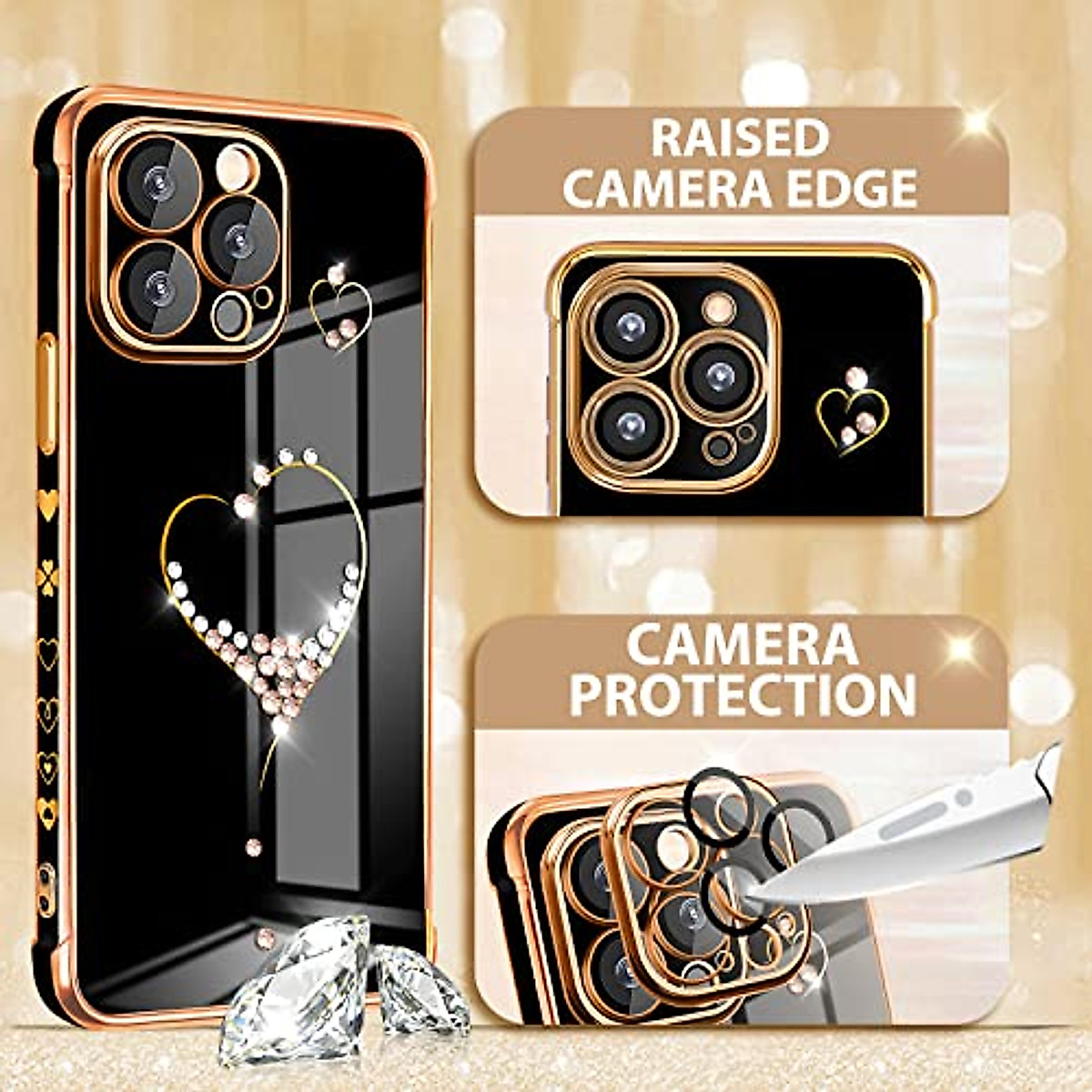 Petitian for iPhone 13 Pro Max Case, Cute Women Girls Bling Glitter Designed Heart Phone Cases for iPhone 13 Pro Max, Girly Gold Plating Phone Cover for 13 Promax with Camera Protector Black