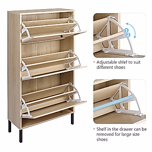 Sweiko 3 Flip Drawer Shoe Cabinet Natural Rattan Shoe Cabinet Organizer Freestanding Wooden Shoe Rack Storage Cabinet with Metal Legs for Entryway Hallway Bedroom Mudroom