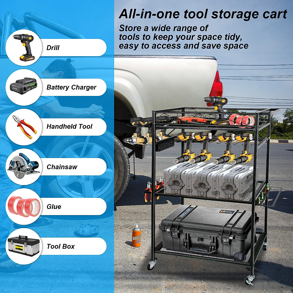 AQNIEGEP Power Tool Organizer Cart with 3 Charging Station, Garage Rolling Tool Storage Cart, Mobile Tool Cart with Wheels, Garage Workshop Gift Ideas for Dad Men Black