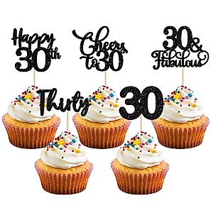 30 Pack Happy 30th Birthday Cupcake Toppers Black Glitter Thirty Cheers to 30 Birthday Cupcake Picks for Happy 30th Birthday Anniversary Party Cake Decorations Supplies